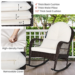 ORALNER Patio Wicker Rocking Chair, Outdoor PE Rattan Rocker with Seat and Back Cushion, Waist Pillow, Armrests, Garden Chair for Porch, Backyard, Poolside, Deck (1, Off White)