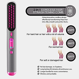 Meog Lileis Hair Straightening Brush, Cordless Hair Iron with 9000mAh Battery, Ionic Mini Hair Straightening Comb, 3 Temperature Adjustments, Ceramic Heater, USB-C, 10in, 590g