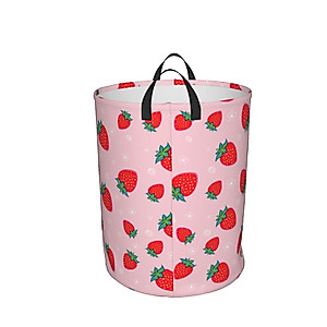 KiuLoam Pastels Pink With Red Strawberries 19.6 Inches Large Storage Basket Collapsible Organizer Bin Laundry Hamper for Nursery Clothes Toys