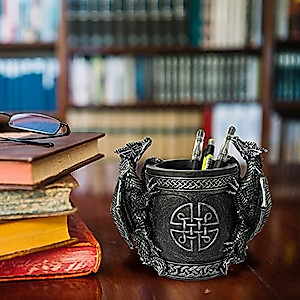 DWK - Literary Beasts - Twin Double Dragon Celtic Gothic Pen Pencil Desk Organizer Makeup Brush Holder Art Supply Caddy Home Office Accent Storage Accessory, Antique Silver Pewter, 6.5-inch