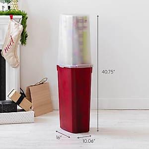 IRIS USA 40" Wrapping Paper Storage Container with Built-in Handles, 1 Pack, Fits up to 20 Rolls of Wrapping Paper, Holiday Storage-Bin, Vertical Christmas Birthday Gift Wrapping Organizer, Clear/Red