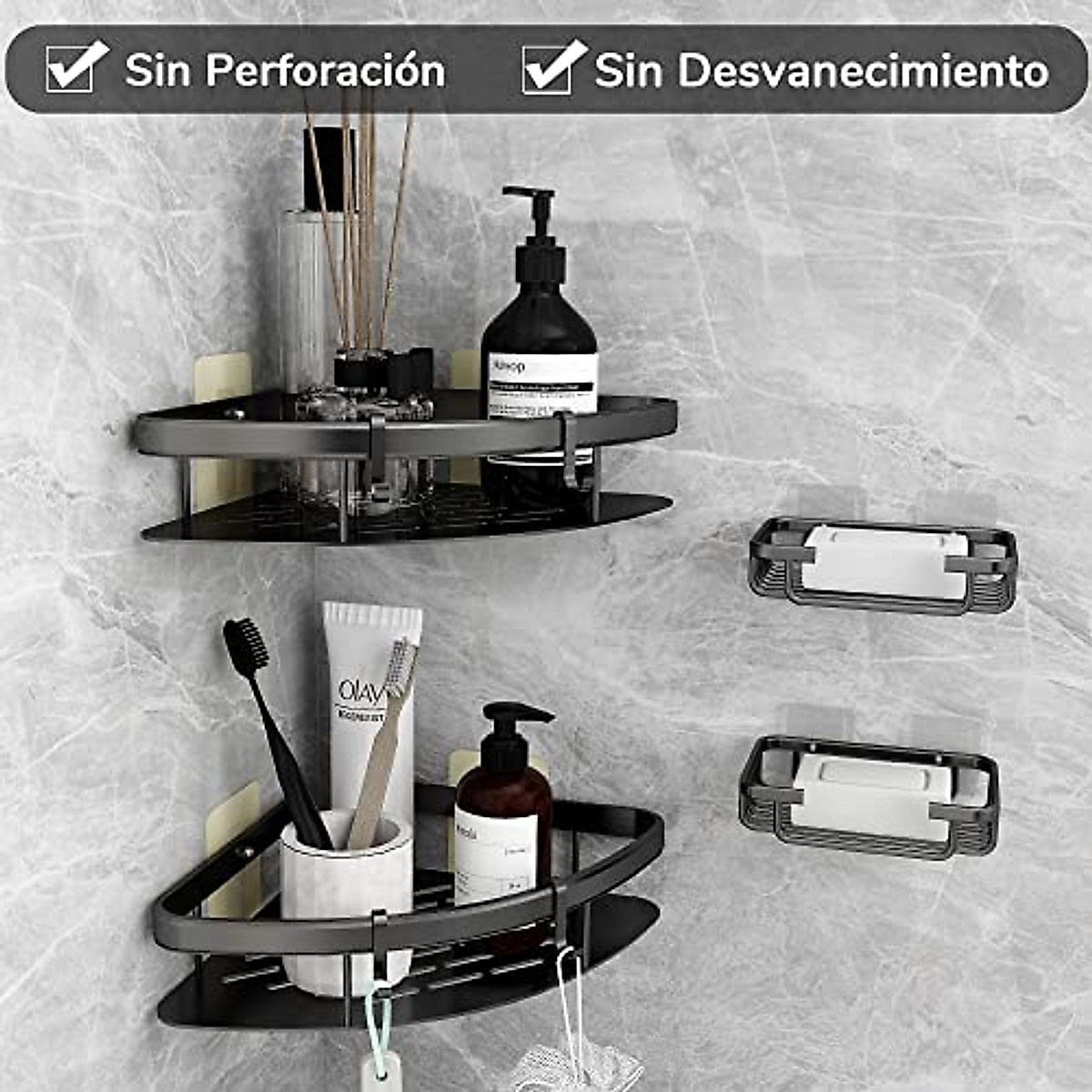 Corner Shower Caddy Black 2 Pack With 2 Soap Dishes, No Drilling Wall Mounted Shower Organizer With 4 Movable Hooks, Space Aluminum Rustproof Shower Shelf For Bathroom