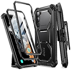 i-Blason Armorbox for Samsung Galaxy S23 Case with Built-in Screen Protector, [2 Front Frames] Full-Body Rugged Anti-Slip Bumper Case with Kickstand & Belt Clip Holster (Black)