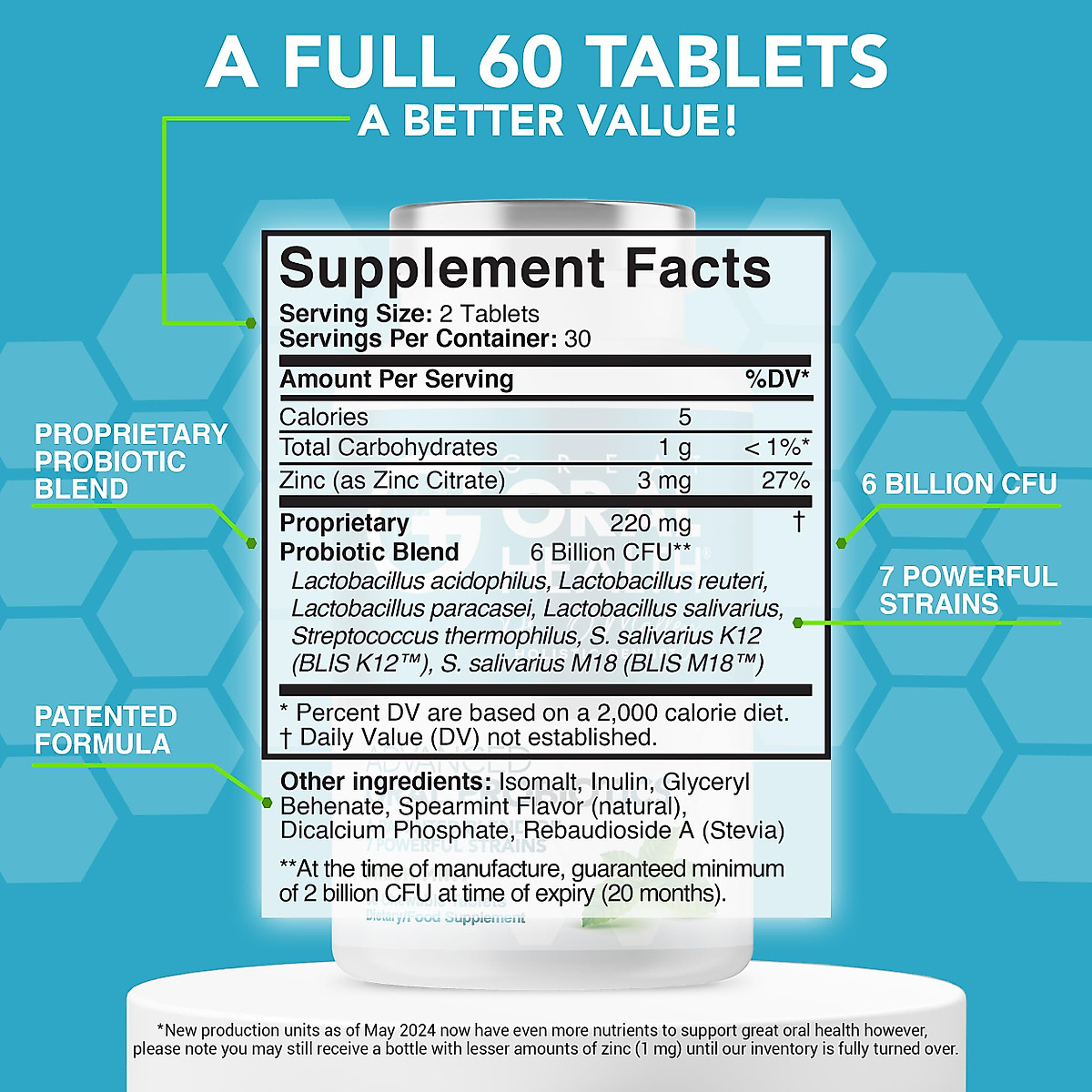 Oral Probiotics for Mouth Bad Breath Treatment for Adults: Dentist Formulated BLIS K12 M18 Advanced Oral Probiotics for Teeth and Gums, 60 Chewable Oral Health Probiotics Supplement Tablets (Mint 2pk)