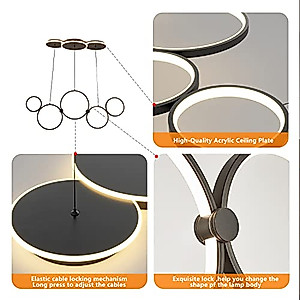 OKES Black Chandeliers,Modern Led Pendant Lights Fixture with Remote,Dimmable Adjustable 5 Rings Circles Hanging Chandelier Fixtures for Kitchen Island,Bedroom,Living Room,Dining Room,3000-6000K