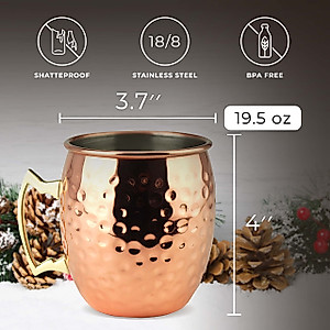 PG Moscow Mule Mugs | Large Size 19 ounces | Set of 4 Hammered Cups | Stainless Steel Lining | Pure Copper Plating | Gold Brass Handles | 3.7 inches Diameter x 4 inches Tall