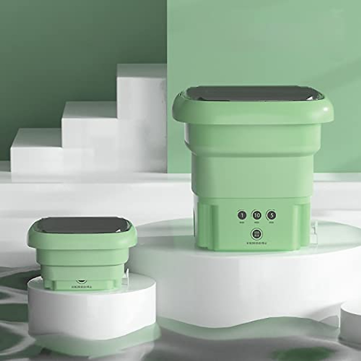 Portable Washer, Mini Washer with Spin Dry Drain Basket Drain Pipe Folding Portable Washing Bucket Drain Pipe and Drain Basket for Socks Underwear (Green)