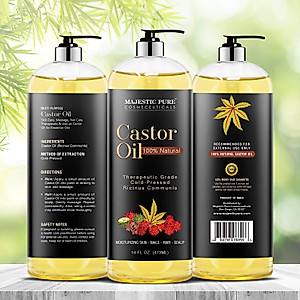 Majestic Pure Castor Oil | 100% Natural | Premium Grade Cold Pressed | Hair, Eyelashes, Eyebrows, Nails | Moisturizing & Nourishing | Body, Hair & Carrier Oil | 16 Fl Oz