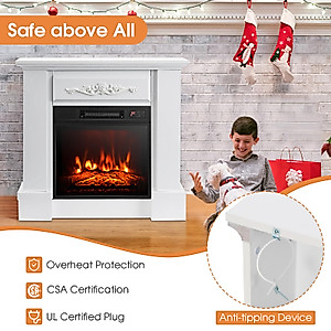 Tangkula 1400W 32 Inches Electric Fireplace with Mantel, Freestanding Fireplace Heater with 3D Flame Effect, Remote Control, Thermostat, 6H Timer, Overheat Protection (White)