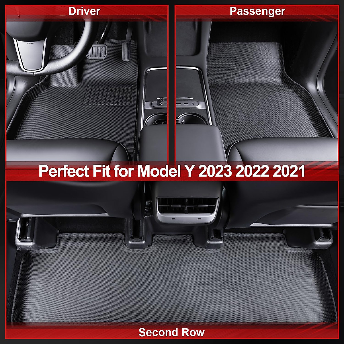 ROADGIVE 6PCS Tesla Model Y Floor Mats Cargo Liners 2021-2023(5 Seater), Custom Fit TPE All Weather Floor Liners Waterproof Car Interior Accessories