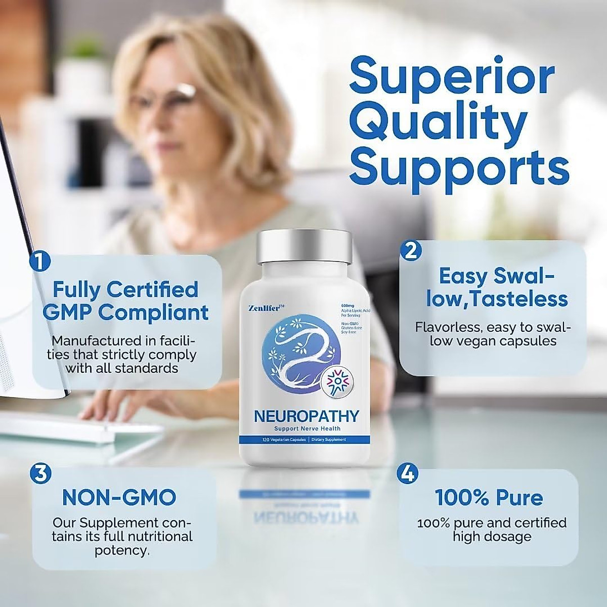 Zenlifer 120 Capsules Relief Pain Neuropathy Nerve Health Nutritional Blend with 600 mg Alpha Lipoic Acid-Benfotiamine, Peripheral,Hand Fingers Legs, Best Maximum Strength Natural Renew Vitamins