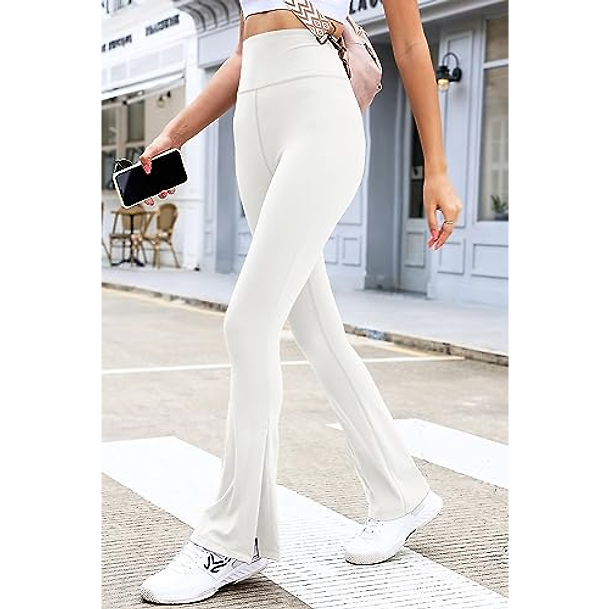 Aleumdr Women's Flared Leggings Yoga Pants Bell Bootcut Bottom Split Leg 2023 Fashion Trendy Bootleg High Waisted Long Wide Leg Workout Trousers White
