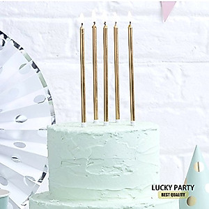 24 Count Birthday Party Long Thin Cake Candles Metallic Birthday Candles in Holders for Birthday Cakes Decorations , Champagne Gold by Lucky Party