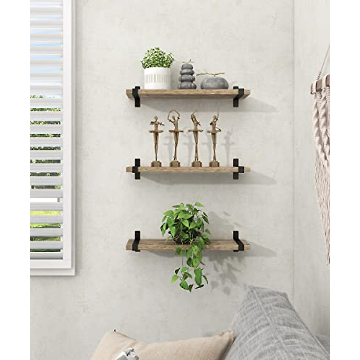 Gronda Floating Shelves Natural Wood Set of 3, Rustic Solid Wood Floating Shelves Wall Mounted Floating Bookshelves Farmhouse Wooden Wall Decor Wall Shelves for Bathroom Living Room Bedroom Kitchen