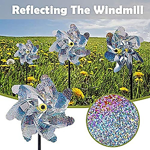 10 PCS Reflective Pinwheels with Stakes, Extra Sparkly Pin Wheel for Garden Yard Decor, Bird and Animal Deterrent Device to Scare Birds Away from Patio Farm