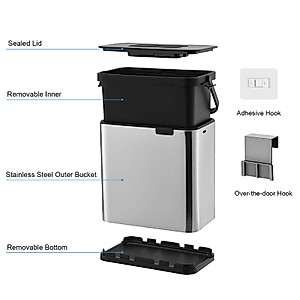 0.8GAL Compost Bin Indoor Kitchen Sealed by SUBEKYU, Stainless Steel Small Hanging Trash Can with Lid for Cabinet Door, Metal Compost Bucket and Garbage Can for Under Sink/Wall Mounted/Countertop