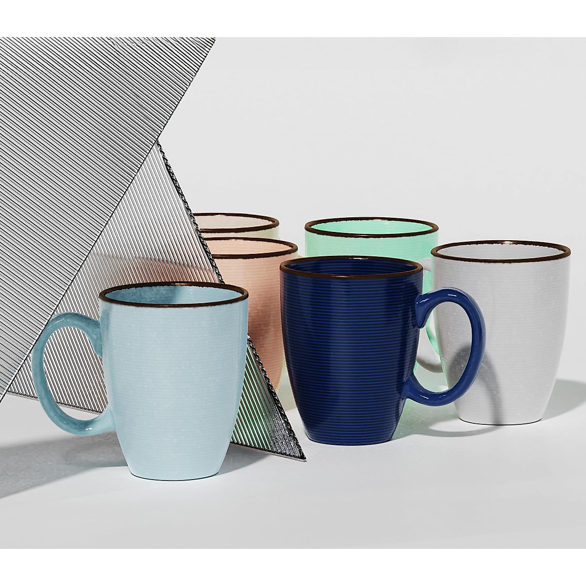 Francois et Mimi Set of 6 12oz Designer Ribbed Style Colorful Ceramic Coffee Mugs, Coffee Cups Gift Set for Coffee, Tea, Cocoa and More. Dishwasher and Microwave Safe.
