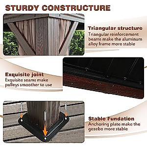 MUPATER 10' x 12' Gazebo, Wooden Finish Coated Aluminum Frame, with Double Galvanized Steel Hardtop Roof, Netting and Curtains for Garden, Patio, Lawn and Parties