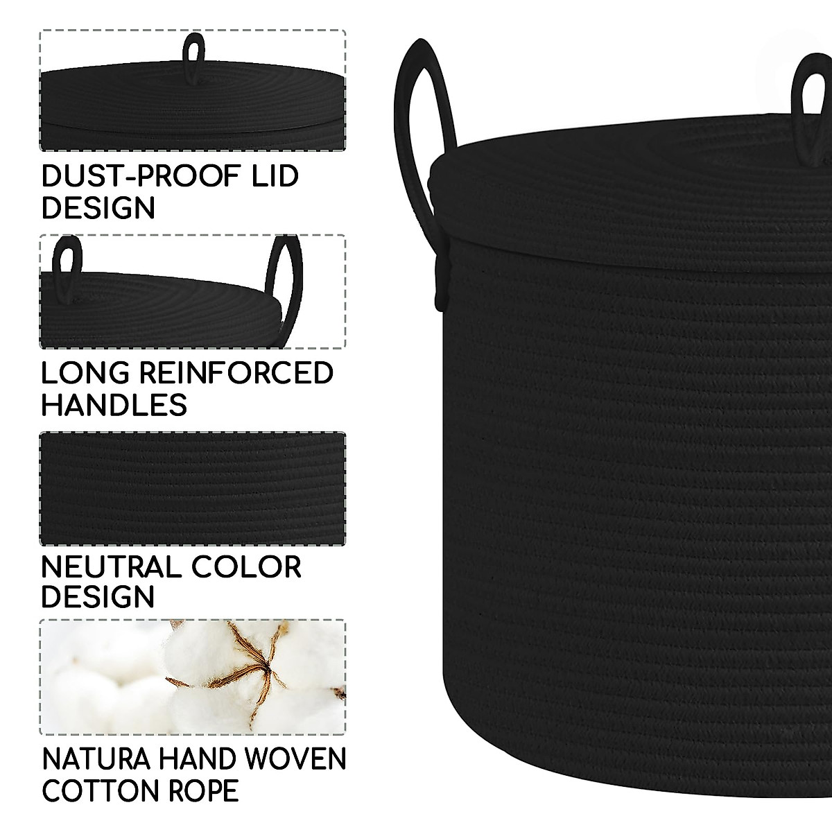 MEGASKET Black Basket with Lid, 20" X 15" Large Wicker Baskets for Organizing, Woven Cotton Rope Baskets for Storage, Kids Room Storage Toy Box Organizer and Storage Basket, Stuffed Animals basket Bin