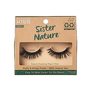 KISS Sister Nature False Eyelashes, Sage', 12 mm, 100% Natural Hair, Recyclable Paper Box, Printed with Soy Ink, Cruelty Free, Vegan, Includes 1 Pair of Reusable Strip Lashes