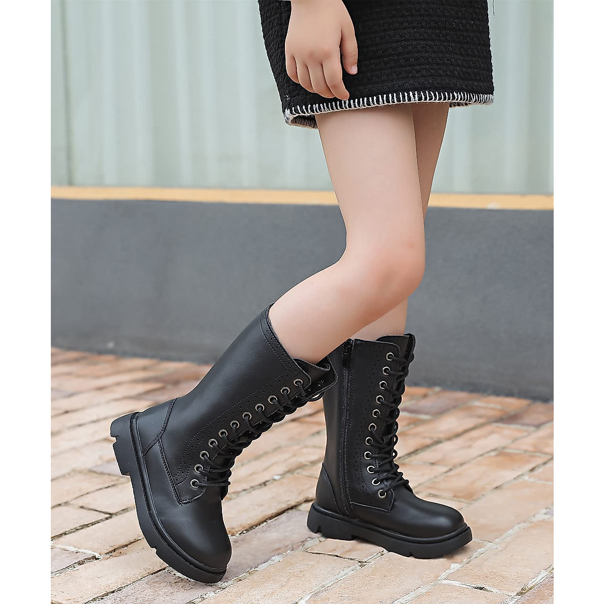 DADAWEN Boys Girls Leather Lace-Up Waterproof Side Zipper Mid Calf Combat Riding Winter Boots (Toddler/Little Kid/Big Kid) Black US Size 2 M Little Kid