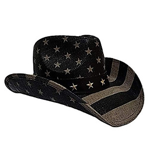 Vamuss Vintage USA American Flag Cowboy Hat w/Western Shape-It Brim (Black-Grey)