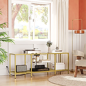 HOOBRO TV Stand with LED Lights and Power Outlets for TVs up to 65", Modern 55 Inch Tempered Glass TV Console Table with Open Shelves, Media Entertainment Center for Living Room, Gold GD145UDS01