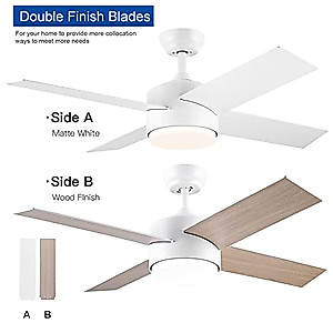 SNJ 44 inch White Ceiling Fans with Lights and Remote, Wood Grain, Low Profile, Modern, Ceiling Fan, Bedroom, Indoor, Outdoor, Home, Fandelier, LED, Dimmable, Tri-Color Temperature, Quiet Reversible