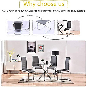 STYLIFING Dining Room Set Round Clear Glass Top Crisscrossing Chrome Metal Legs Kitchen Table and 4 Modern High Back Grey Faux Leather Chairs Home Kitchen Office Waiting Room Use