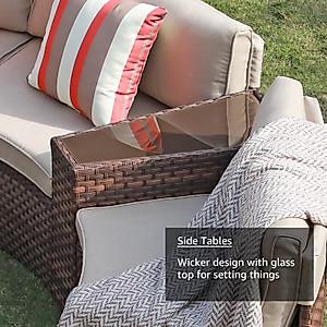 SUNSITT Outdoor Patio Furniture Set 13-Piece Round Sectional Sofa Curved Wicker Sofa with 4 Side Table and Pillows, Brown Rattan & Beige Cushion