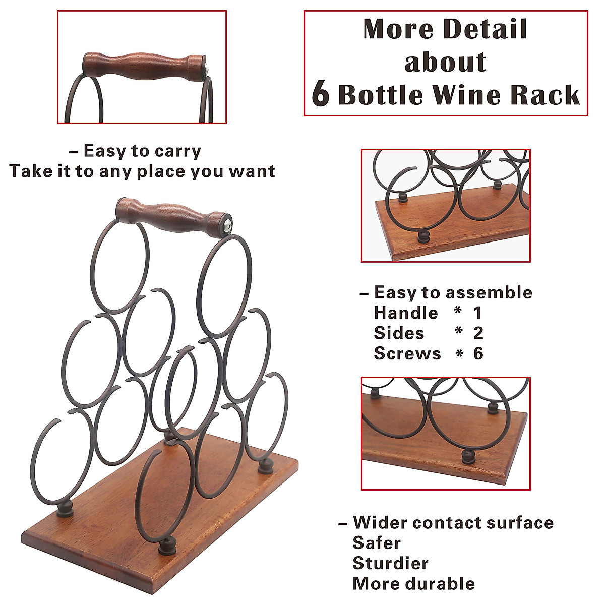Countertop Wine Rack, Tabletop 6 Bottles Wood Wine Holder, Sturdy Handle, 3-Tier Rustic Classic Design, Simple Assembly, Wood & Metal (Copper)