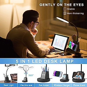 Sailstar Desk Lamp, Desk Lamps for Home Office with Wireless Charger & Pen Holder, 800 Lumens Gooseneck 3 Modes Dimmable Touch Circular LED Desk Light, Small Desk Lamp for College Dorm Room, Black