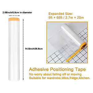 Muf 9 x 65 Feet Plastic Drop Cloth Plastic Sheeting with Masking Tape,Waterproof Protective Masking Film,Prevent Dust Paint for Car,Furniture,Carpet,Floor,1 Pack