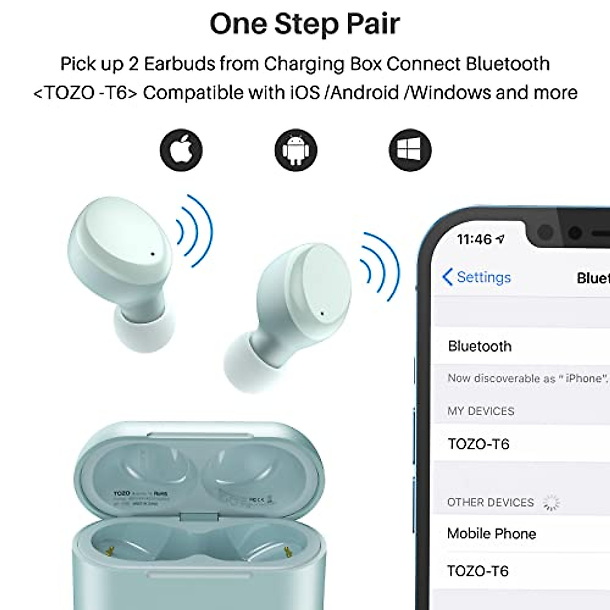 TOZO T6 True Wireless Earbuds Bluetooth 5.3 Headphones Touch Control with Wireless Charging Case IPX8 Waterproof Stereo Earphones in-Ear Built-in Mic Headset Premium Deep Bass Blue (2022 Upgraded)