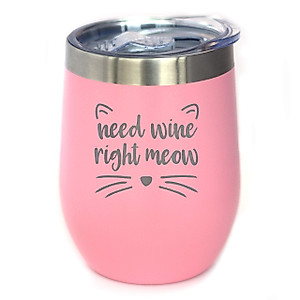 Bevvee Need Wine Right Meow - Cat Wine Tumbler Glass with Sliding Lid - Stemless Stainless Steel Insulated Cup - Funny Cute Gifts - Pink