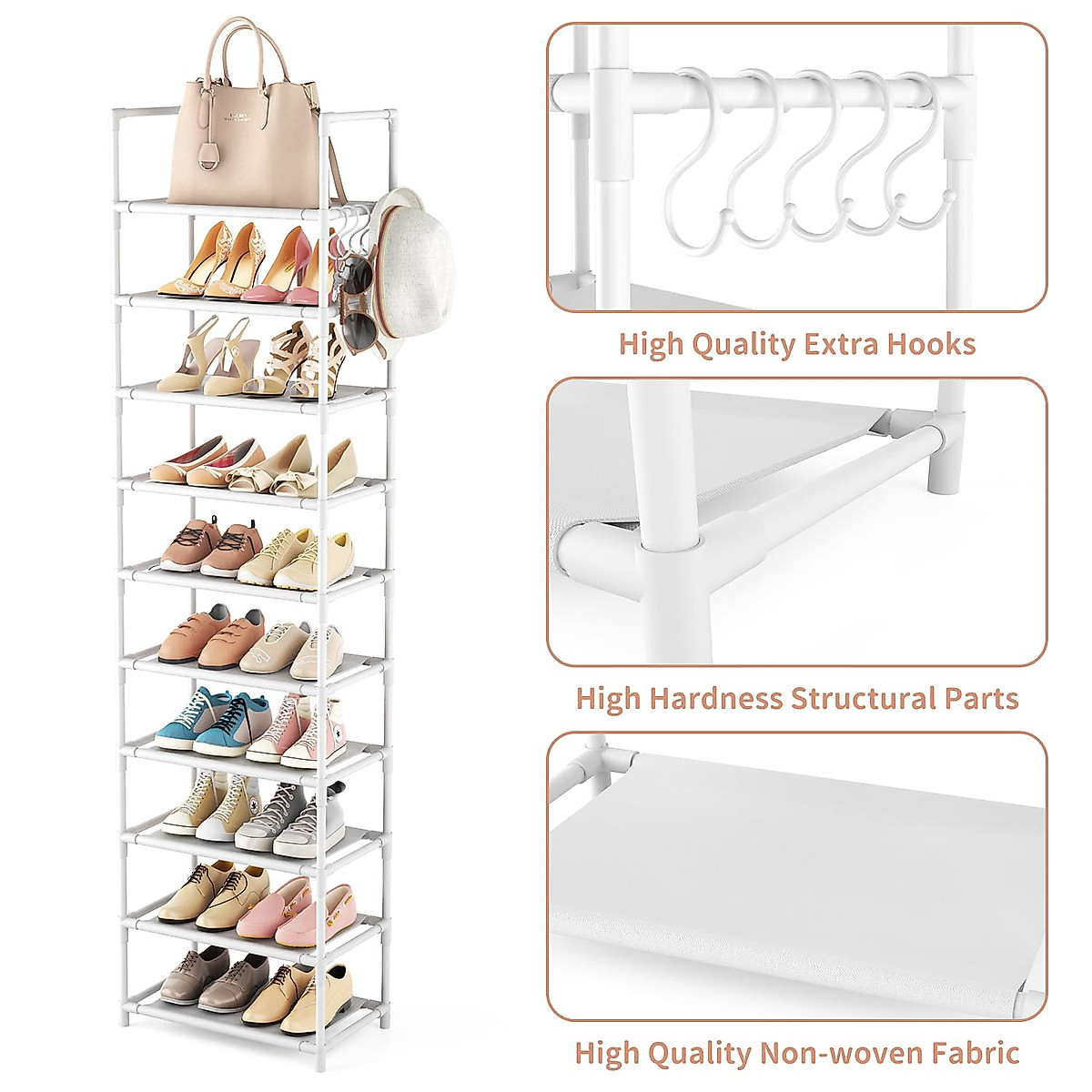 LANTEFUL 10 Tiers Tall Shoe Rack 20-25 Pairs Boots Organizer Storage Sturdy Narrow Shoe Shelf for Entryway, Closets with Hooks, White