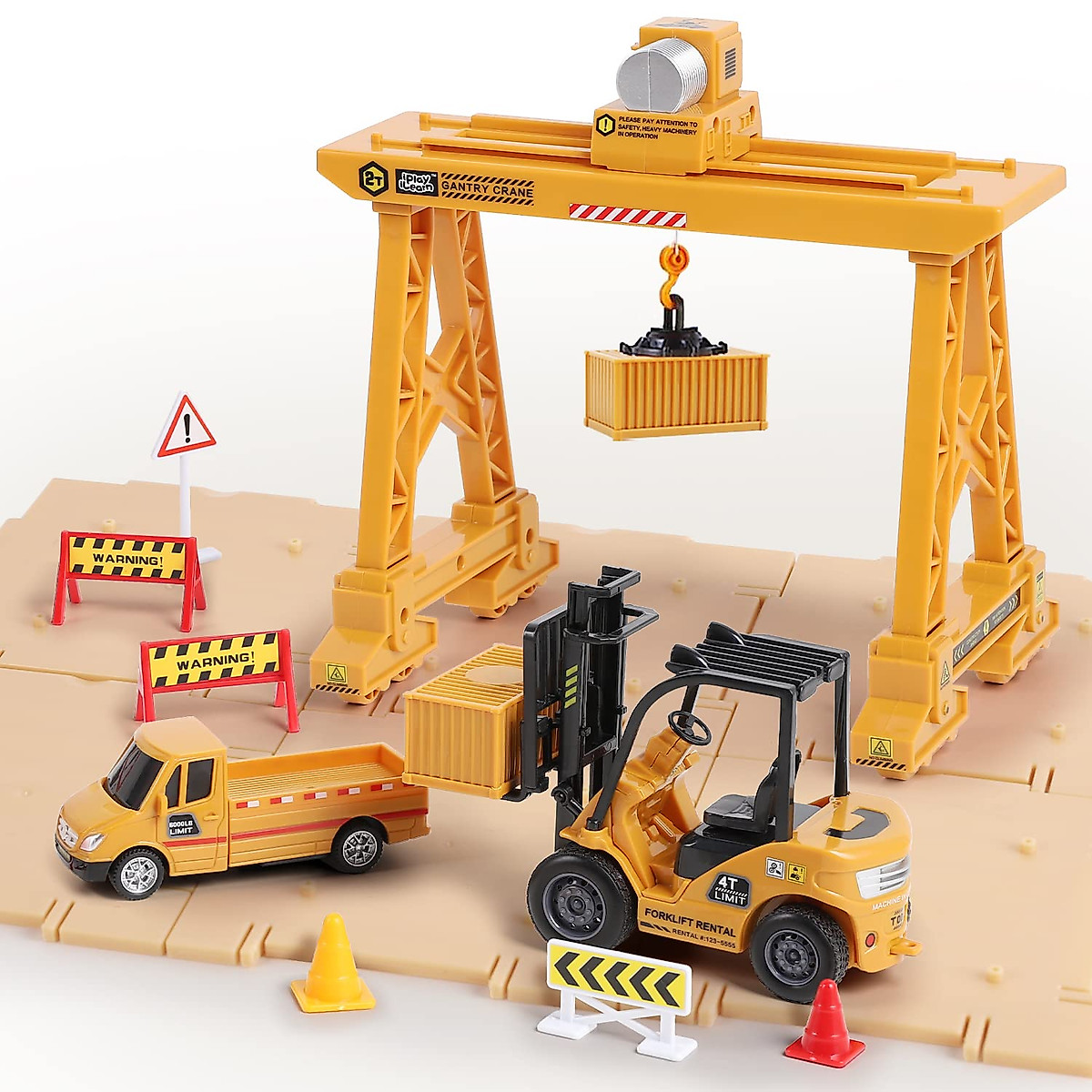 iPlay, iLearn Construction Truck Toy Set, Cargo Transport Vehicles Site Playset, Gantry Crane, Trailer, Logging, Pickup Tow Trucks, Forklift, Birthday Gift for 3 4 5 Year Olds Boys Kid Toddler Child
