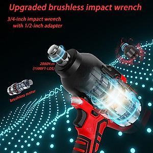 TIKTIK 2000N.m cordless impact wrench,3/4" to 1/2" power impact wrenches,1500Ft-lbs High Torque Brushless Impact Gun w/ 2 x 4.0Ah Battery & Fast Charger,Electric Impact Wrench for Heavy-duty Truck RV