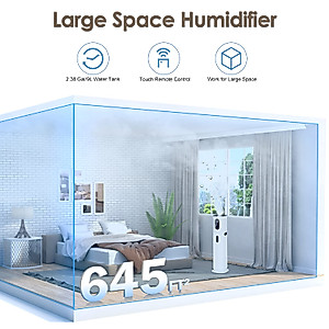 Humidifier for Large Room Bedroom, BITOWAT Warm & Cool Mist Humidifiers 9L/2.38 Gallon, Top Fill, Essential oil Tray, Custom Humidity, 3 Mist Level, Timing Setting, Remote Control