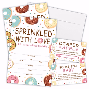 JCVUK Set of 25 Baby Shower Invitations with Envelopes, Diaper Raffle Tickets and Baby Shower Book Request Cards,Colored Donut Theme Babyshower Party For Boys or Girls(YQKTZ-B12)
