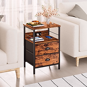 Furologee End Table with Charging Station, Nightstand with Fabric Drawers, Side Table with USB Ports & Outlets, Night Stand with Storage Shelf & Hooks, for Living Room/Bedroom, Rustic Brown
