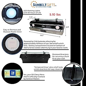 Chevrolet Nova SS Floating Wall Shelf, Black, 19.3x6.3x6.9 inches, Tempered Glass, Battery Powered LED Headlights, Chevy Enthusiast Gift, Gifts Idea, Car Lover's Decor, Nova Collector