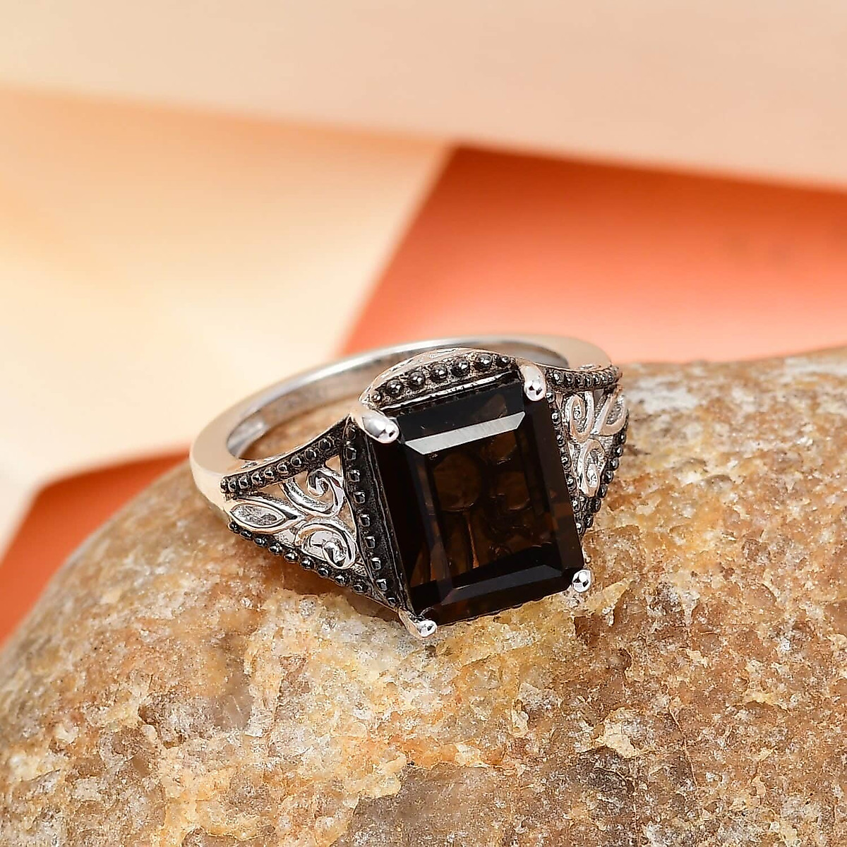 SHOP LC Smoky Quartz Crystals Ring for Women Platinum Plated 925 Sterling Silver Jewelry Gifts for Women Size 7 Ct 3.3 Birthday Gifts