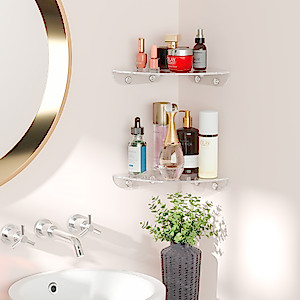 Sezanrpt 7x7 Inch Corner Shelf Wall Mount Set of 2, Acrylic Corner Floating Shelves, Clear Corner Wall Organizer Shelf for Bathroom, Kitchen, Bedroom, Living Room, Dining Room, Office
