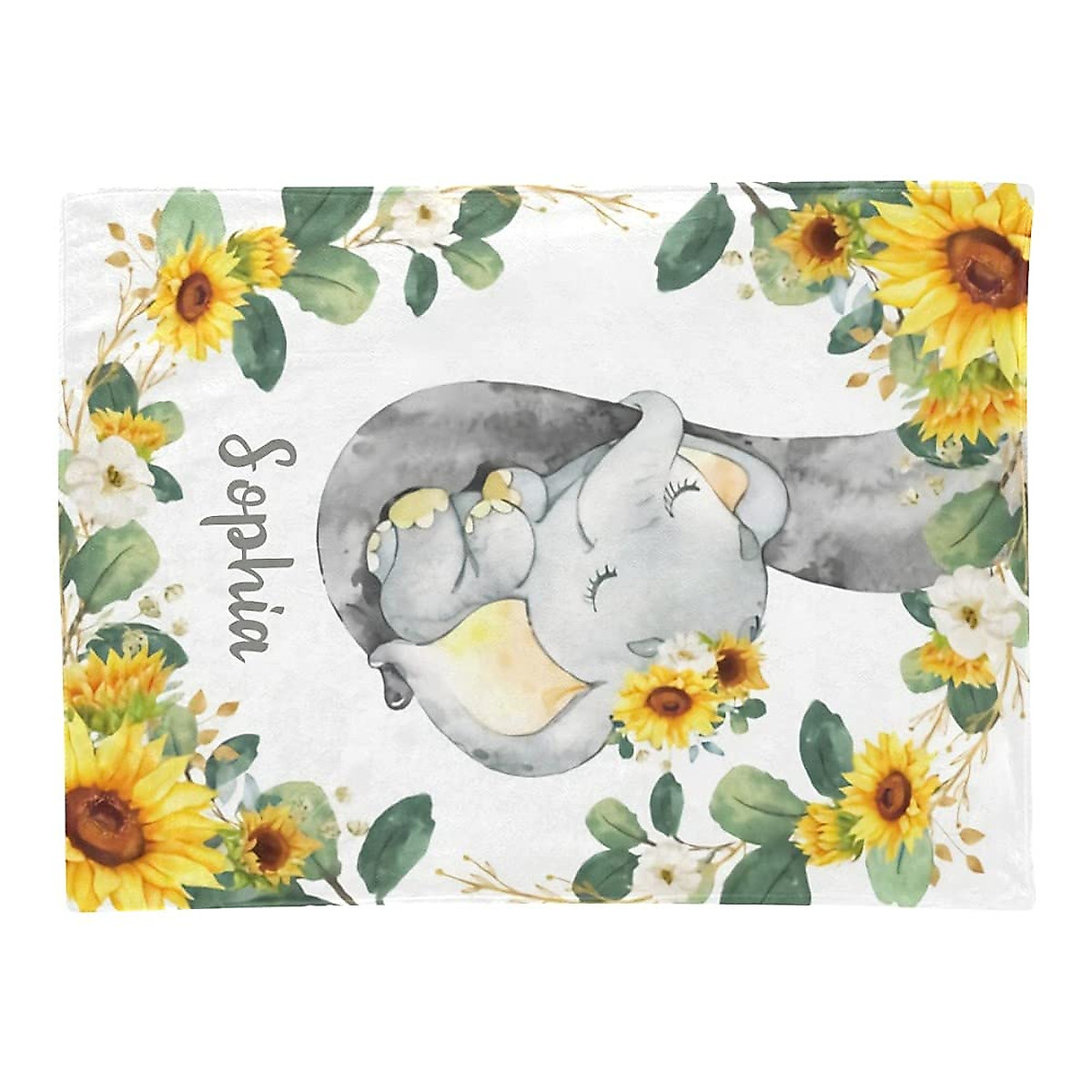 CUXWEOT Watercolor Elephant Sunflower Baby Blankets with Name Custom Baby Nursery Blanket for Boy Girl 30x40 Inches