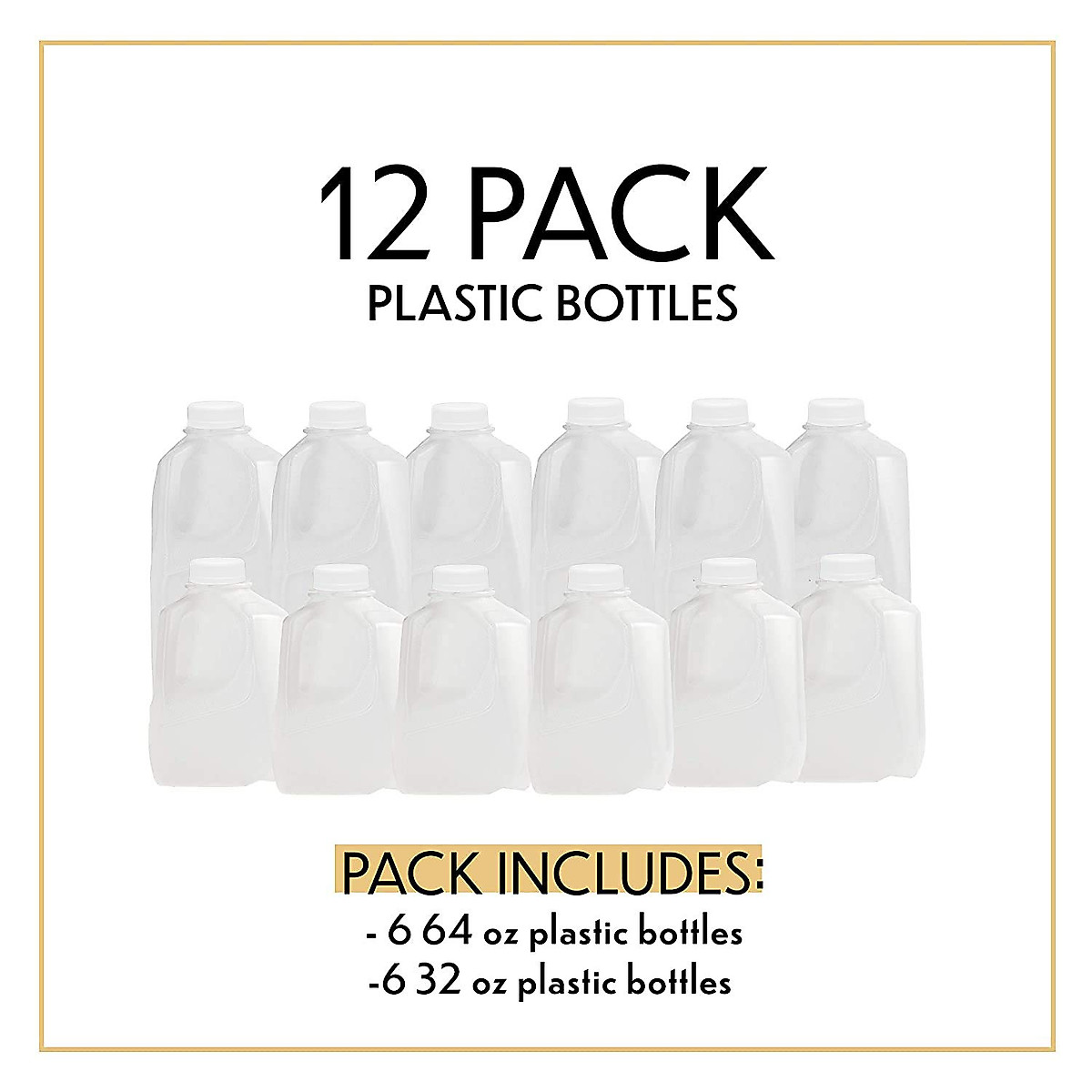 Upper Midland Products Half Gallon Jugs With Caps - 64oz (6PK) and 32oz (6PK) Empty Plastic Bottles and Lids - 12 Bottles Total