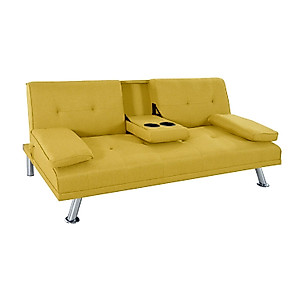 Naomi Home Transform Your Living Space with Comfort Green Futon Sofa Bed with Armrest, Cupholders, & Reclining Function, Ideal for Cozy Living Rooms! Sofa Bed Couch with Metal Legs, Yellow Linen