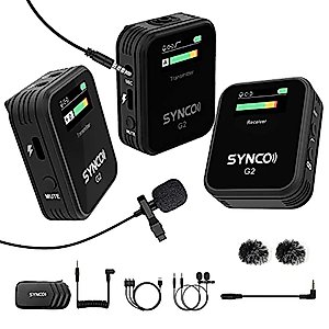 SYNCO G2(A2) 2.4GHz-Wireless-Lavalier-Microphone-System TFT Screen with 1 Receiver，2 Transmitter/2 External Lav-Mic,Low Cut Filter Function for DSLR Cameras Camcorders Smartphones and Tablets Recorder