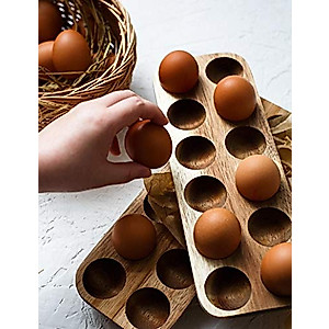 Wooden Egg Holder by ILLATO, Premium Acacia Wood Egg Tray, 12 Holes Egg Plate, Countertop Egg Tray, Tabletop Display or Refrigerator Storage, Deviled Egg Holder, Wooden Egg Skelter, Egg Tray
