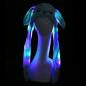 AIYUENCICI Funny Plush Rabbit Hat Ear Moving Jumping Hats Cute Bunny Hat Cap for Women Girls Cosplay Party Holiday (LED Blue)
